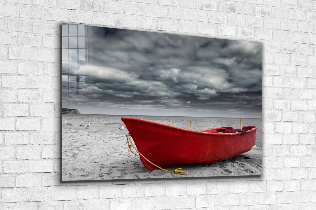 Red Boat Seashore Tempered Glass Wall Art: Vivid Coastal Decor - Etsy