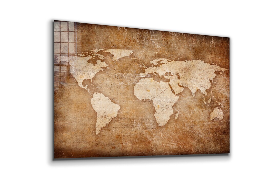 Abstract World Map Tempered Glass Printing Wall Art , Natural and Vivid ...