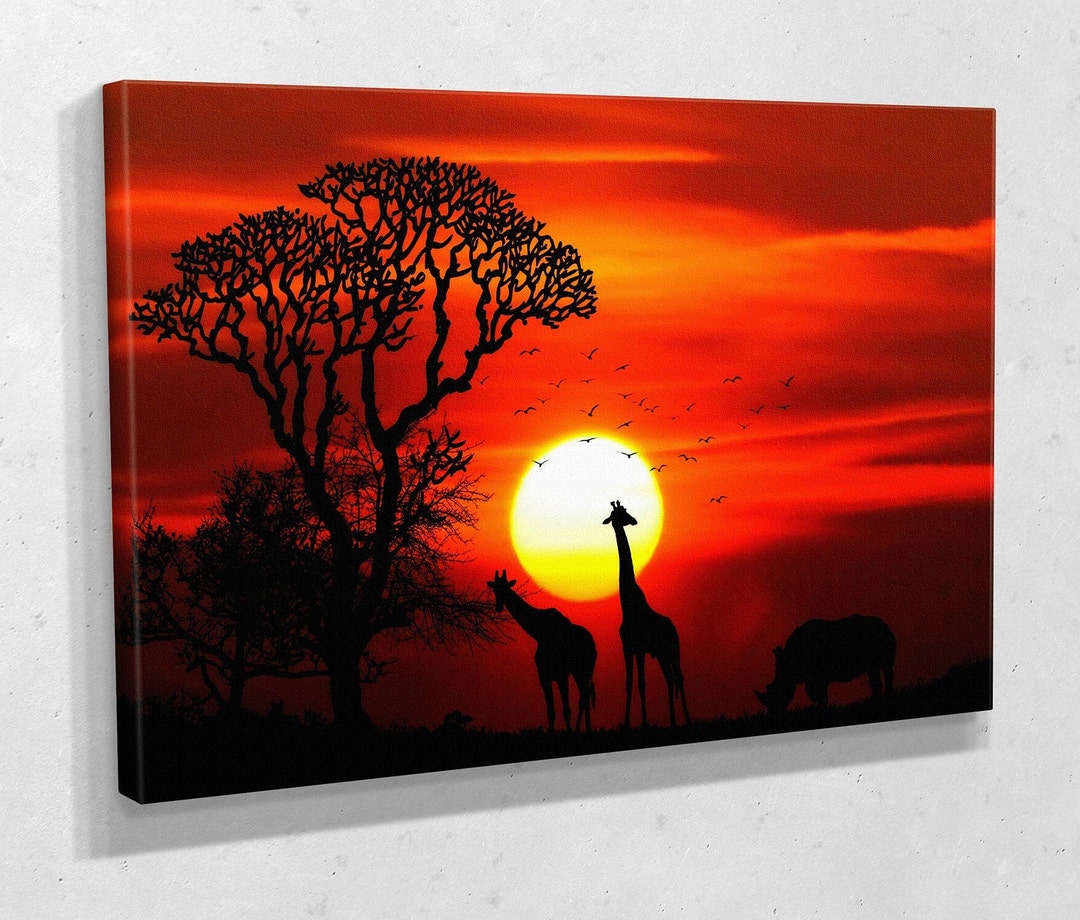 African Sunset Safari Animals Print on Canvas Floating - Etsy