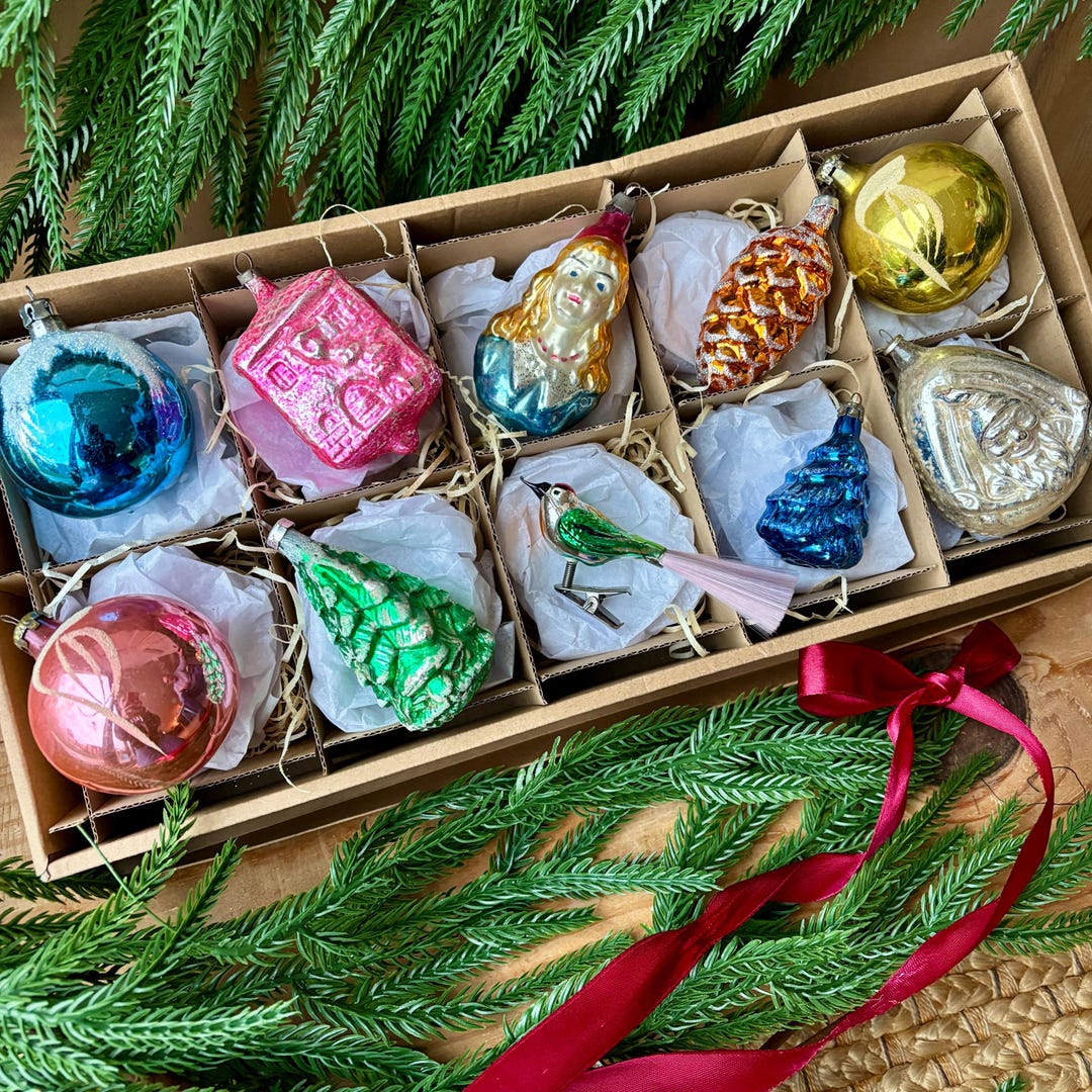 Ten Vintage Baubles, Retro Christmas Decoration, Tree Toy, Christmas ...