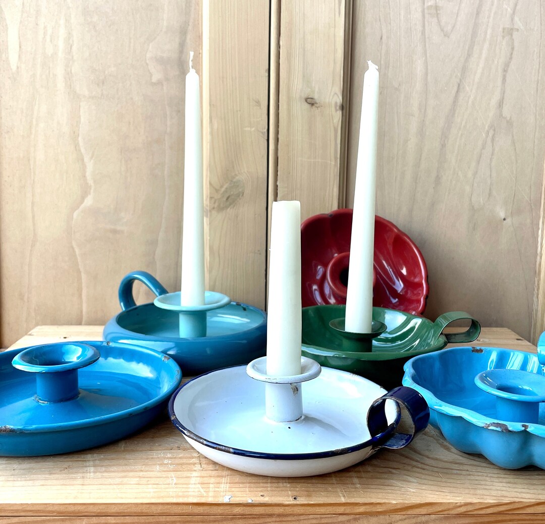 Vintage Enamel Candle Holders, Wee Willy Winkie Enamel Candle Stick ...