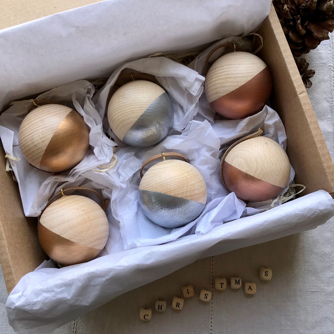 6 Scandi Style Wooden Christmas Tree Baubles, Christmas Decorations ...