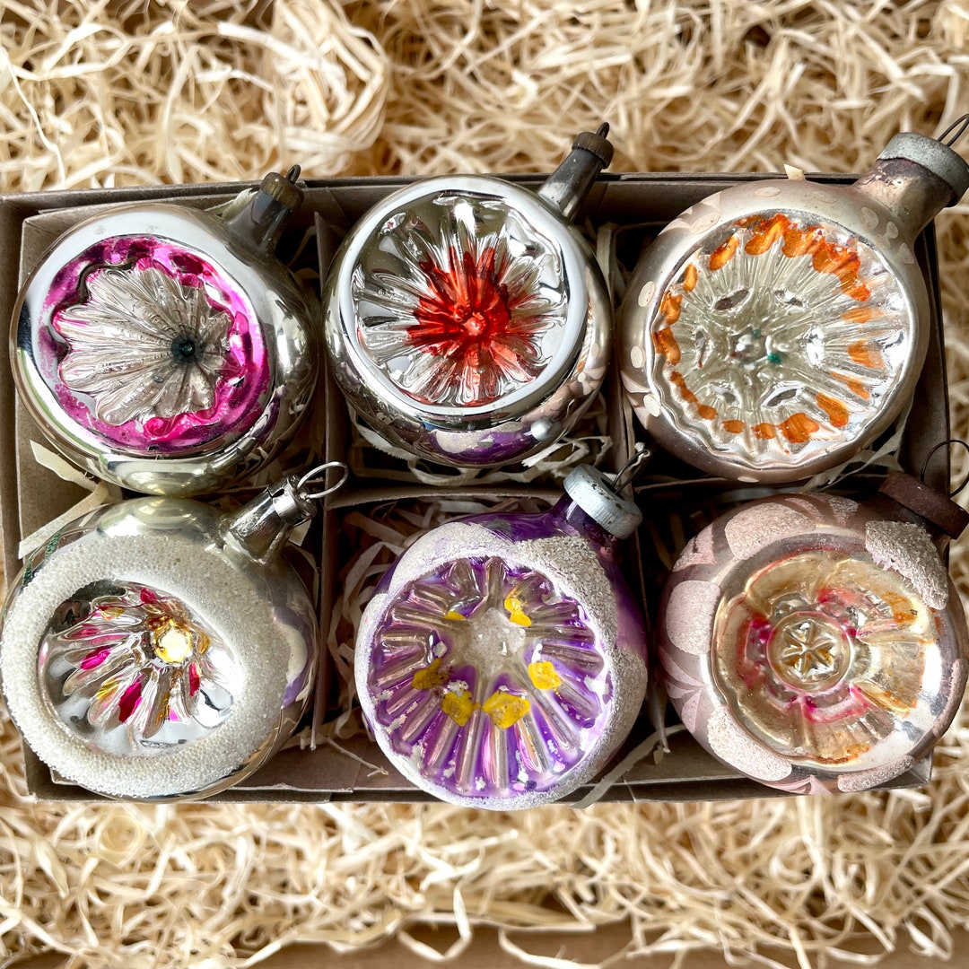 Very Early Vintage Christmas Bauble Collection of 6, Concave Retro ...