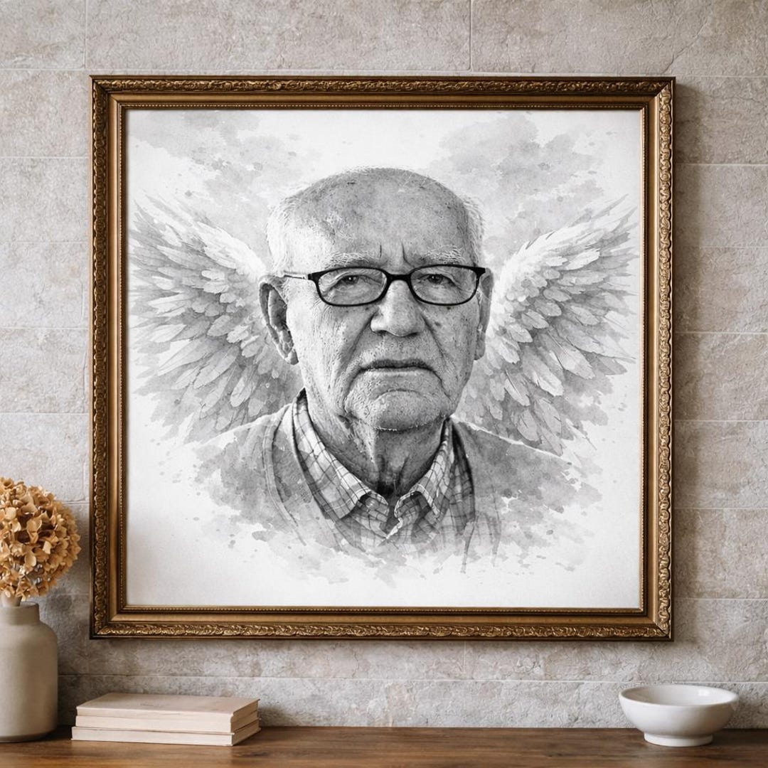 Memorial Angel Wings Portrait From Photo, Black and White Watercolor ...