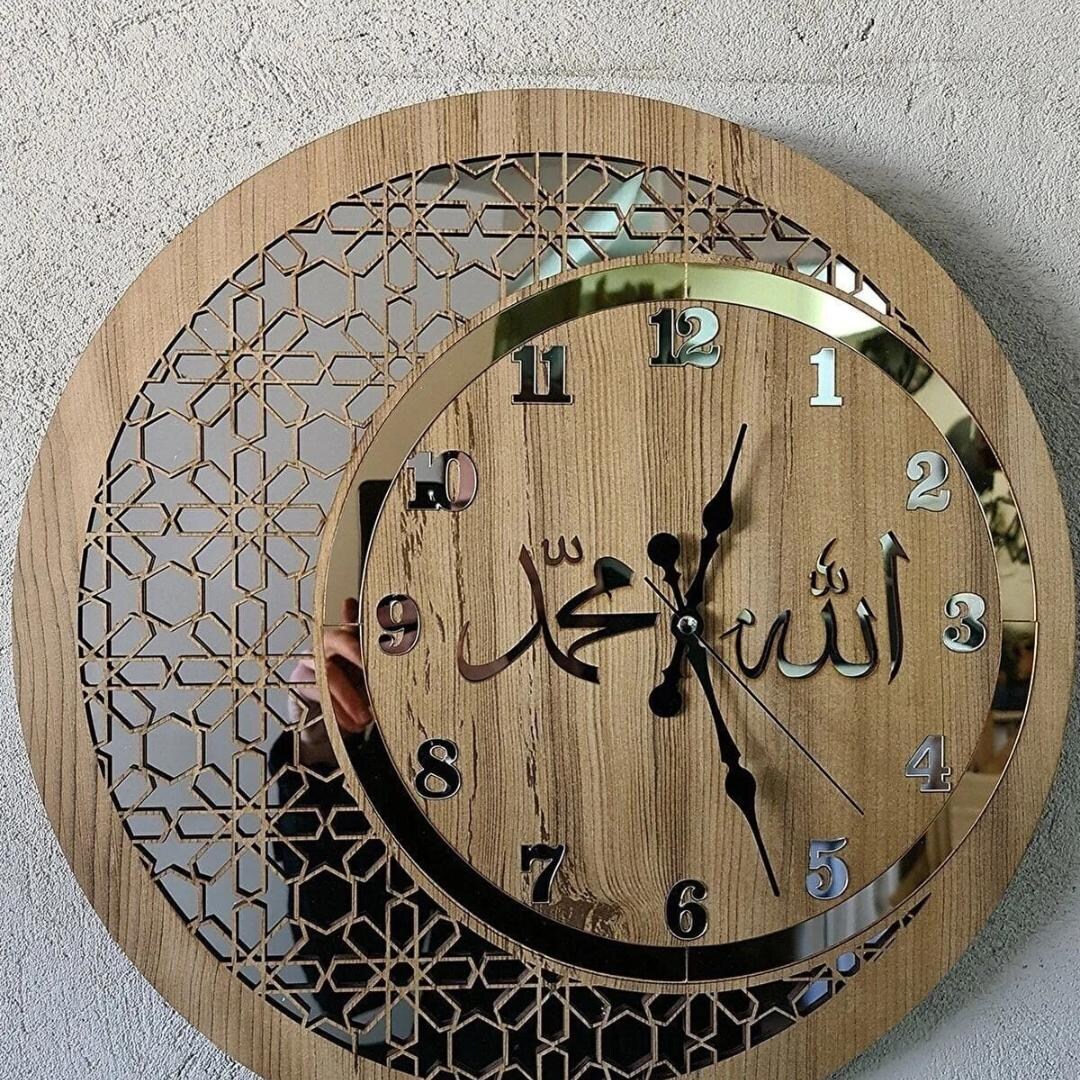 Handmade Wooden and Mirrored Islamic Wall Clock - Allah & Muhammad ...