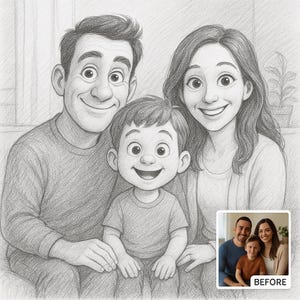 Custom Family Portrait - Pixar Style, Watercolor & Pencil Sketch - 3 Styles in 1 Digital Order ...