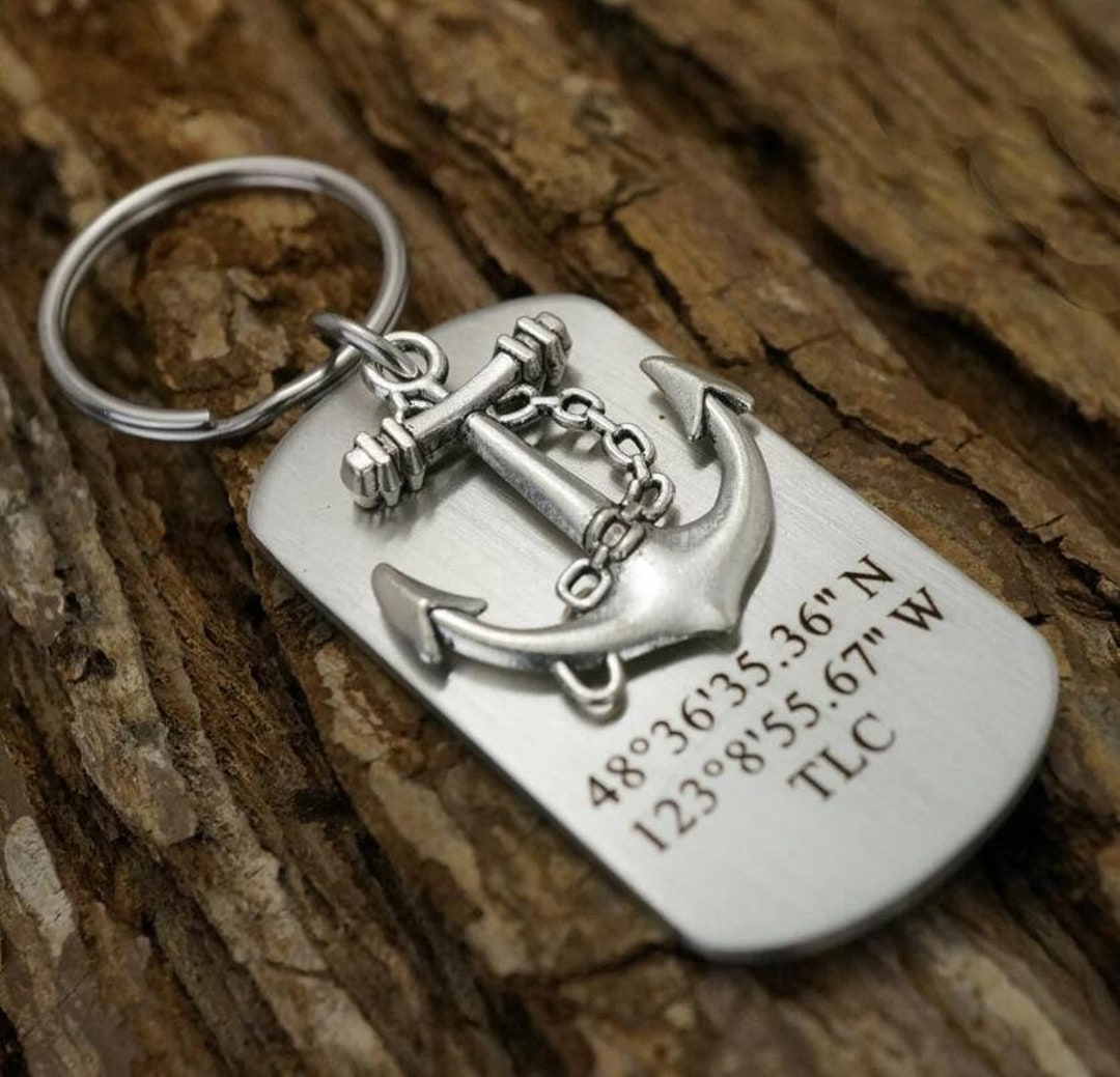 Personalized Keychain for Men, Anchor Key Ring, Coordinate Keychain ...