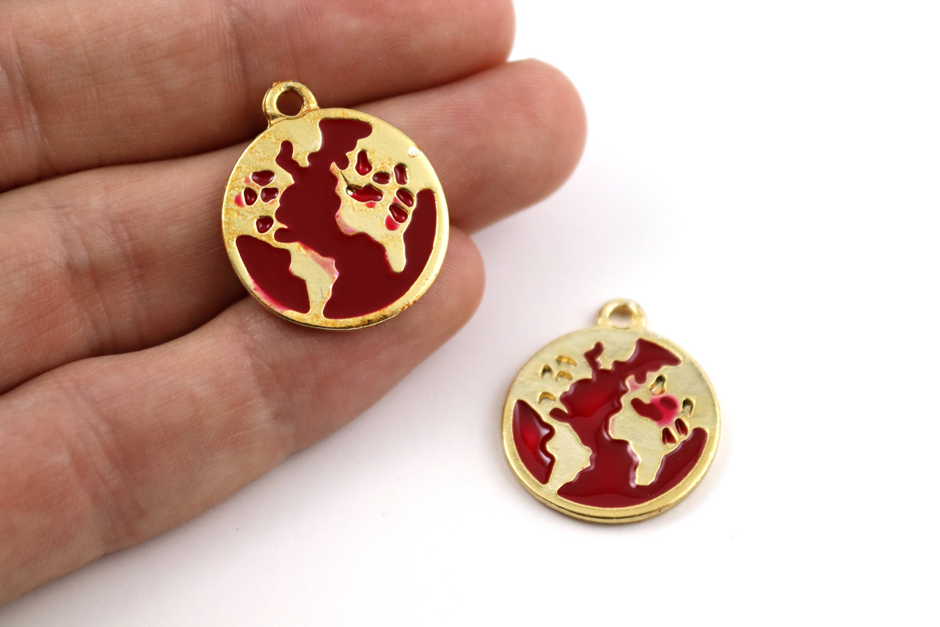 21 Mm 24k Shiny Gold Plated World Map Charms, Earth Pendant, Enamel ...