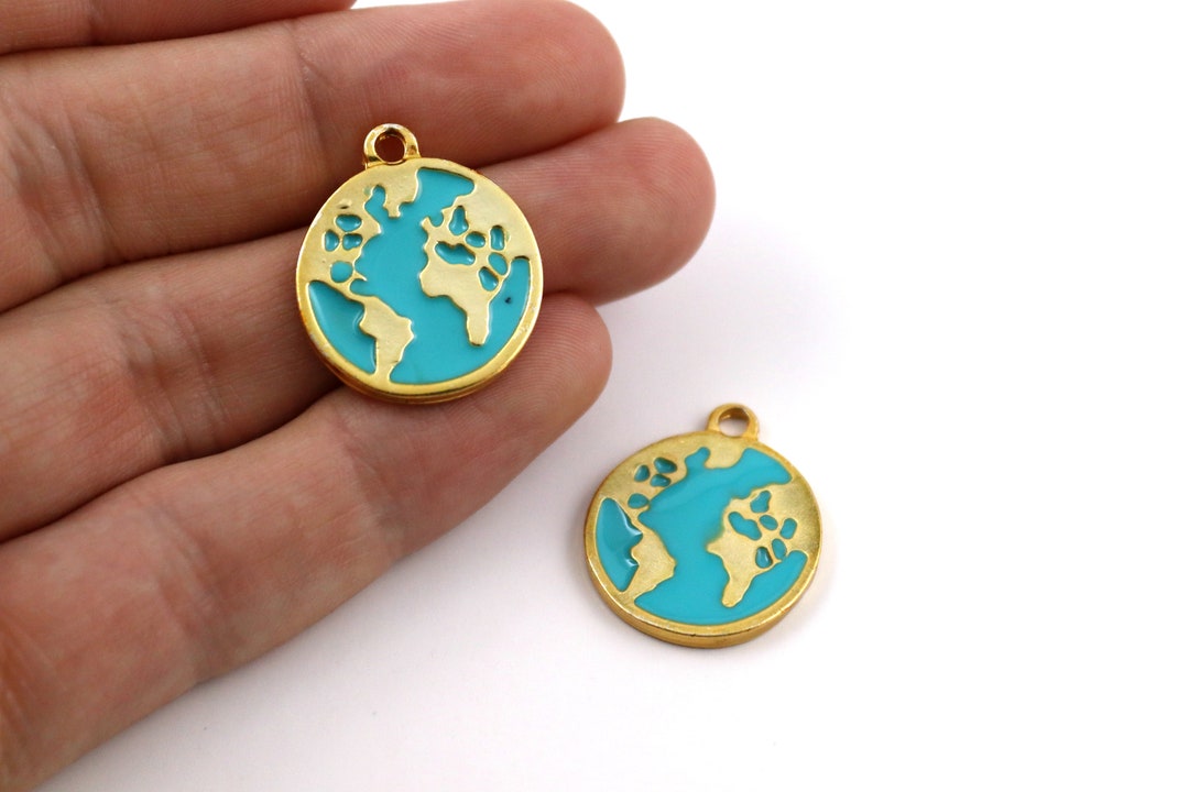 21 Mm 24k Shiny Gold Plated World Map Charms, Earth Pendant, Enamel ...