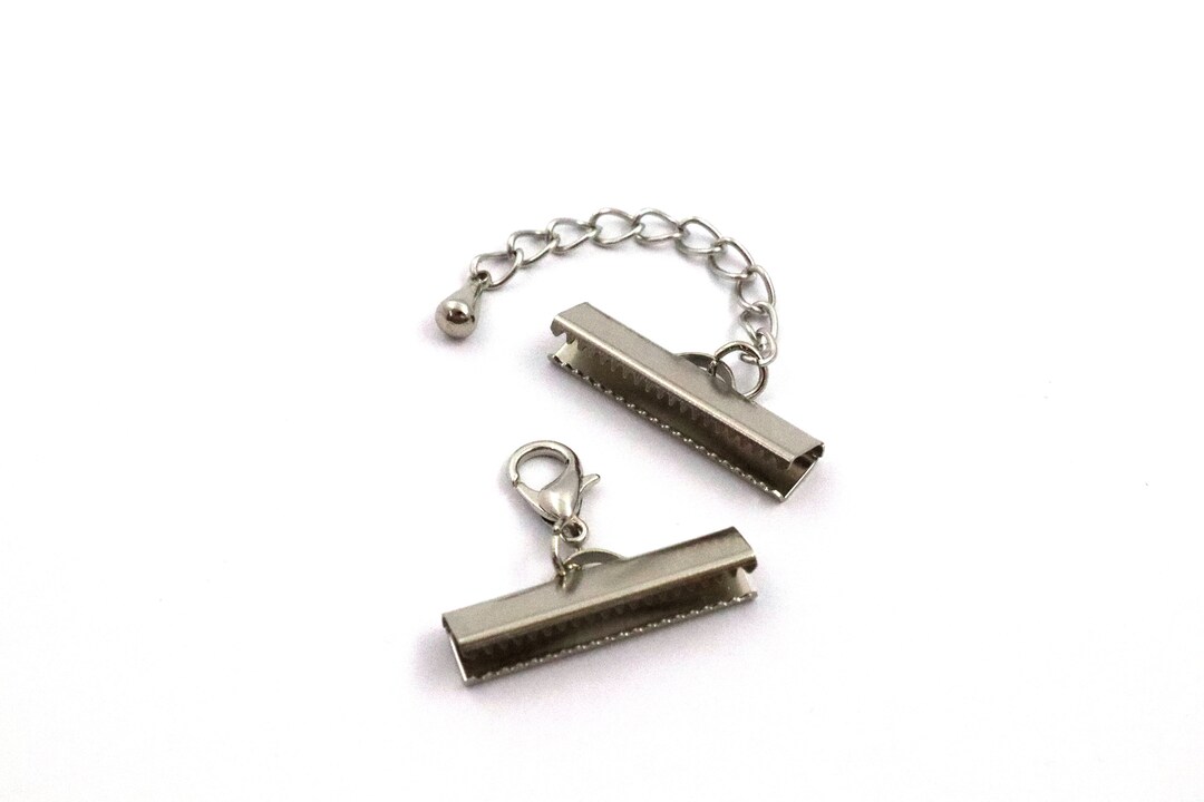 Ribbon Crimp End Set With Extender Chain, 6x25 Mm Silver Color Brass ...