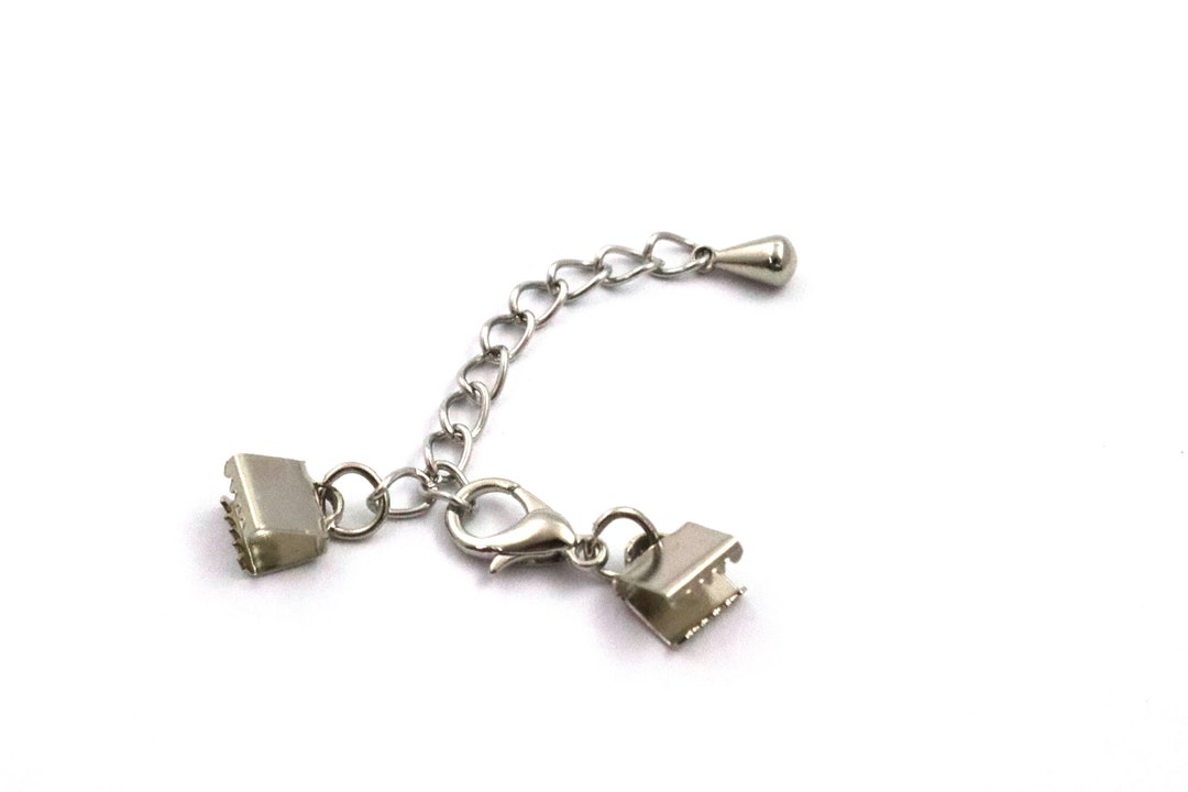 Ribbon Crimp End Set With Extender Chain, 6x7 Mm Silver Color Brass ...