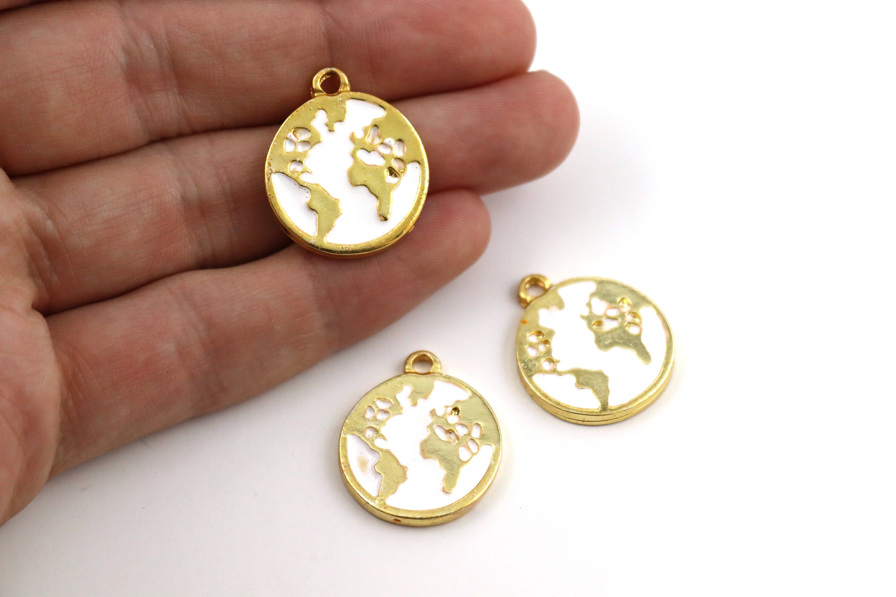 21 Mm 24k Shiny Gold Plated World Map Charms, Earth Pendant, Enamel ...