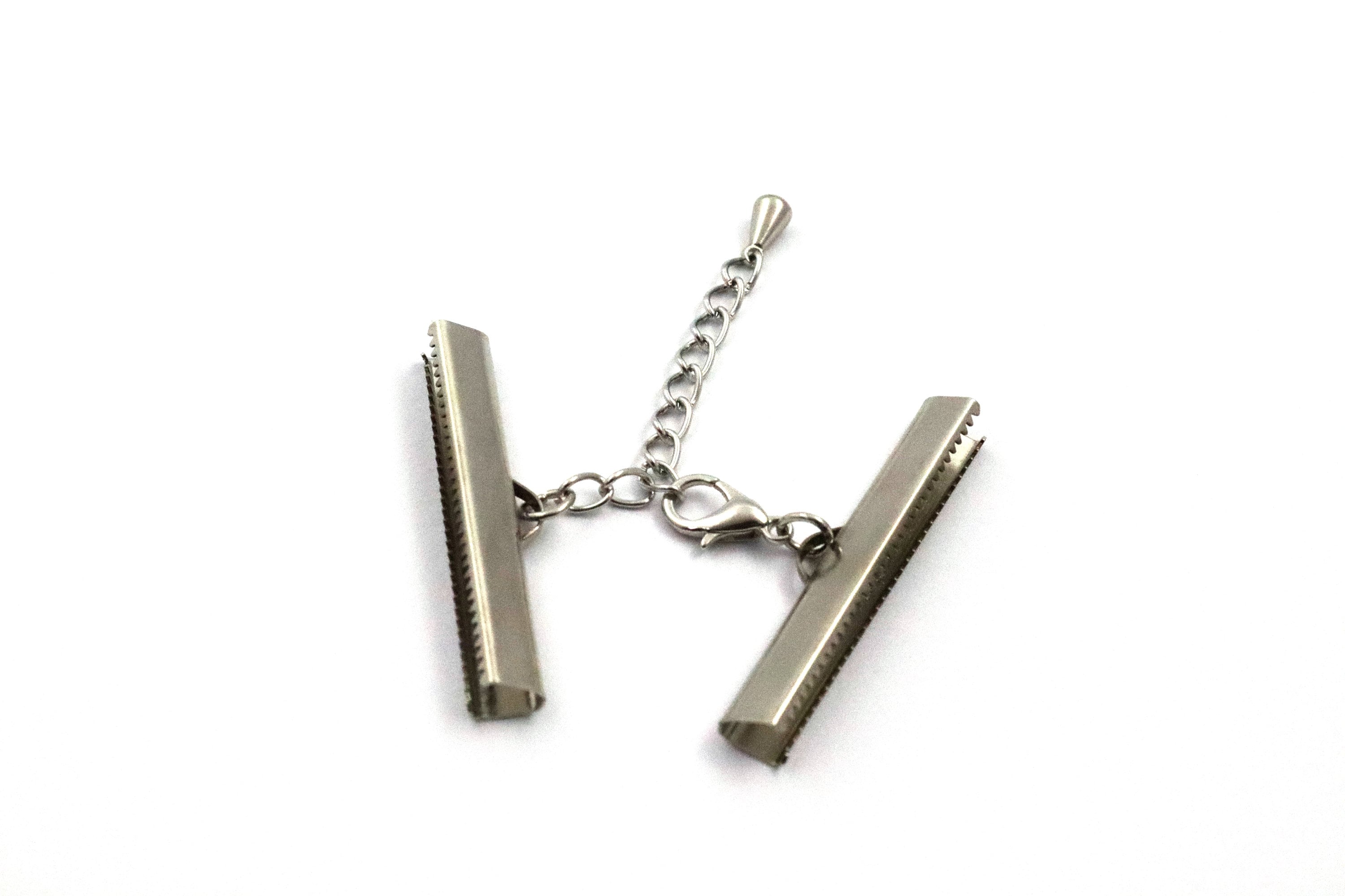 Ribbon Crimp End Set With Extender Chain, 6x40 Mm Silver Color Brass ...