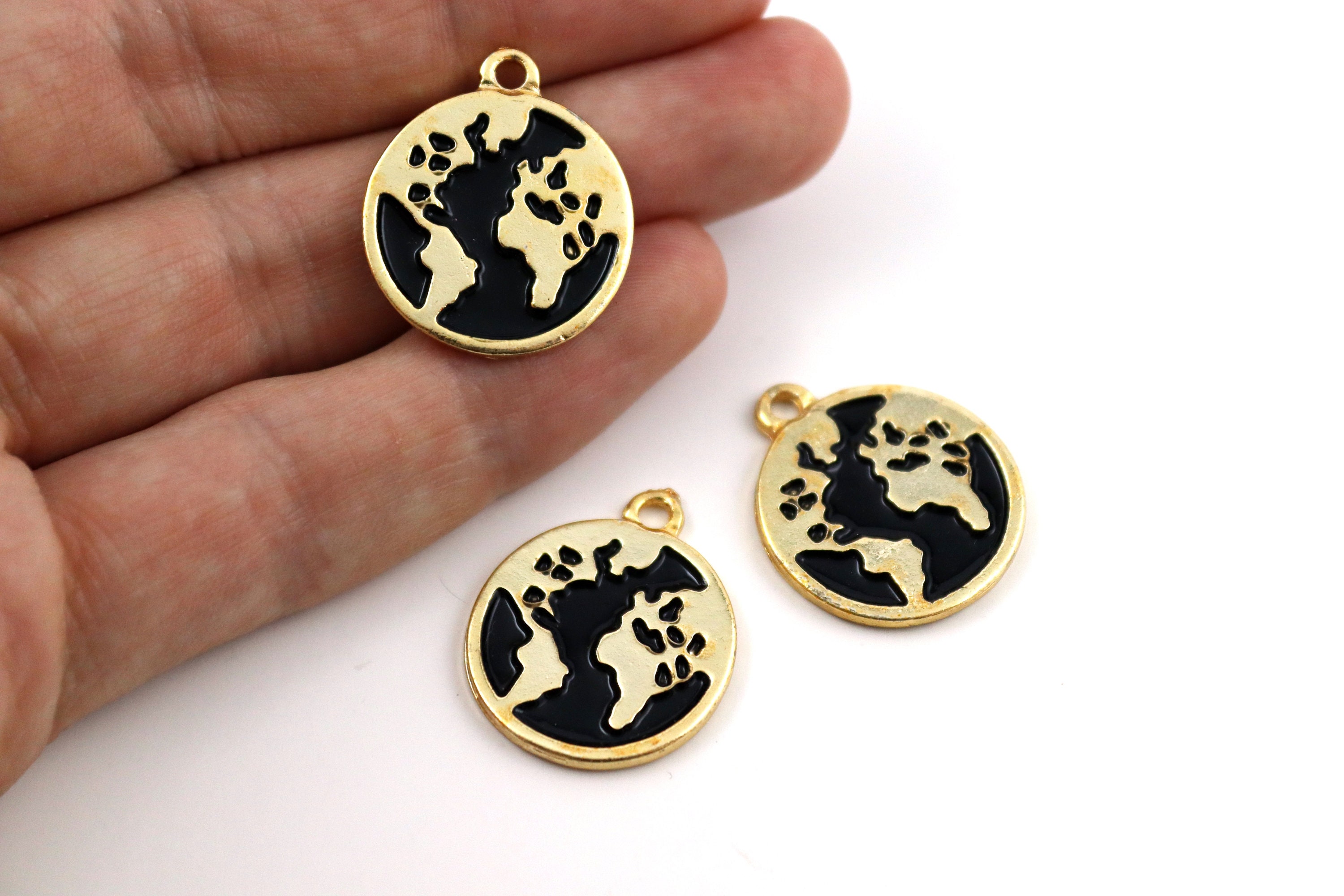 21 Mm 24k Shiny Gold Plated World Map Charms, Earth Pendant, Enamel ...