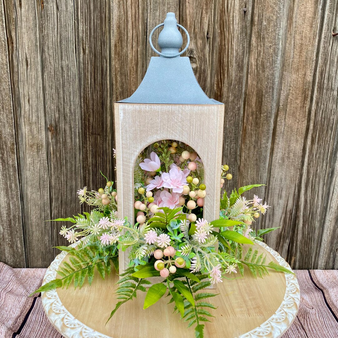 Handmade Pink Floral Lantern Arrangement: Farmhouse Table Centerpiece ...