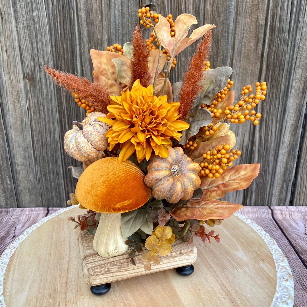 Rustic Fall Table Arrangement With Velvet Topped Mushrooms and Earthy ...
