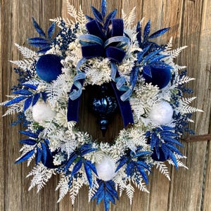 Elegant Flocked Winter Pine Wreath for Front Door, Navy Blue Christmas ...