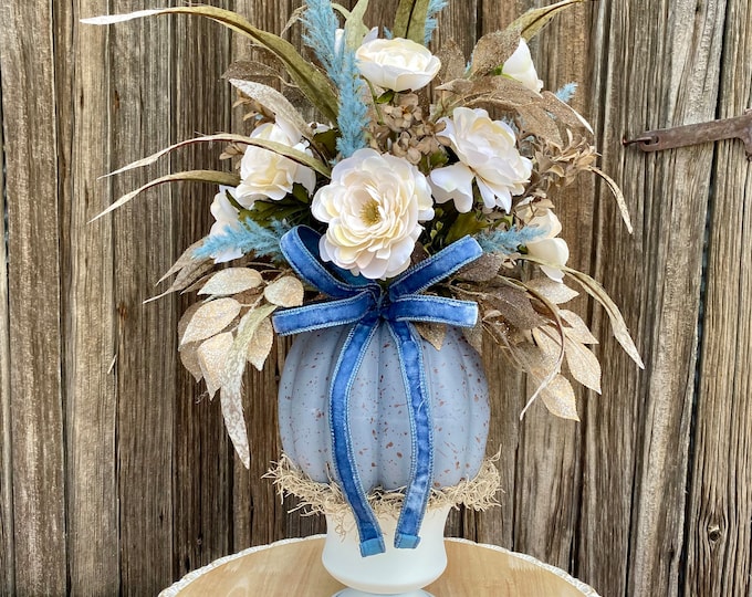 Rustic Blue Fall Pumpkin Floral Arrangement for Table Decor, Elegant ...