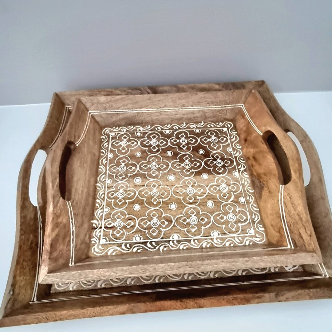 Natural Mango Wood Tray Handcrafted Breakfast Tray Mandala & Jaali ...