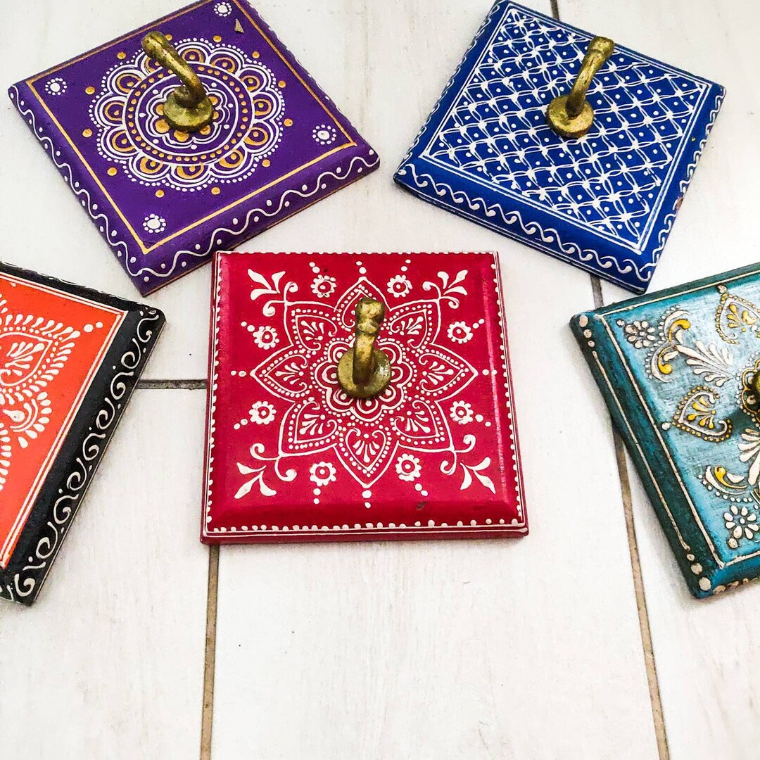 Hand-painted Wooden Wall Hooks: Boho Decor With Gold Brass Fitting - Etsy
