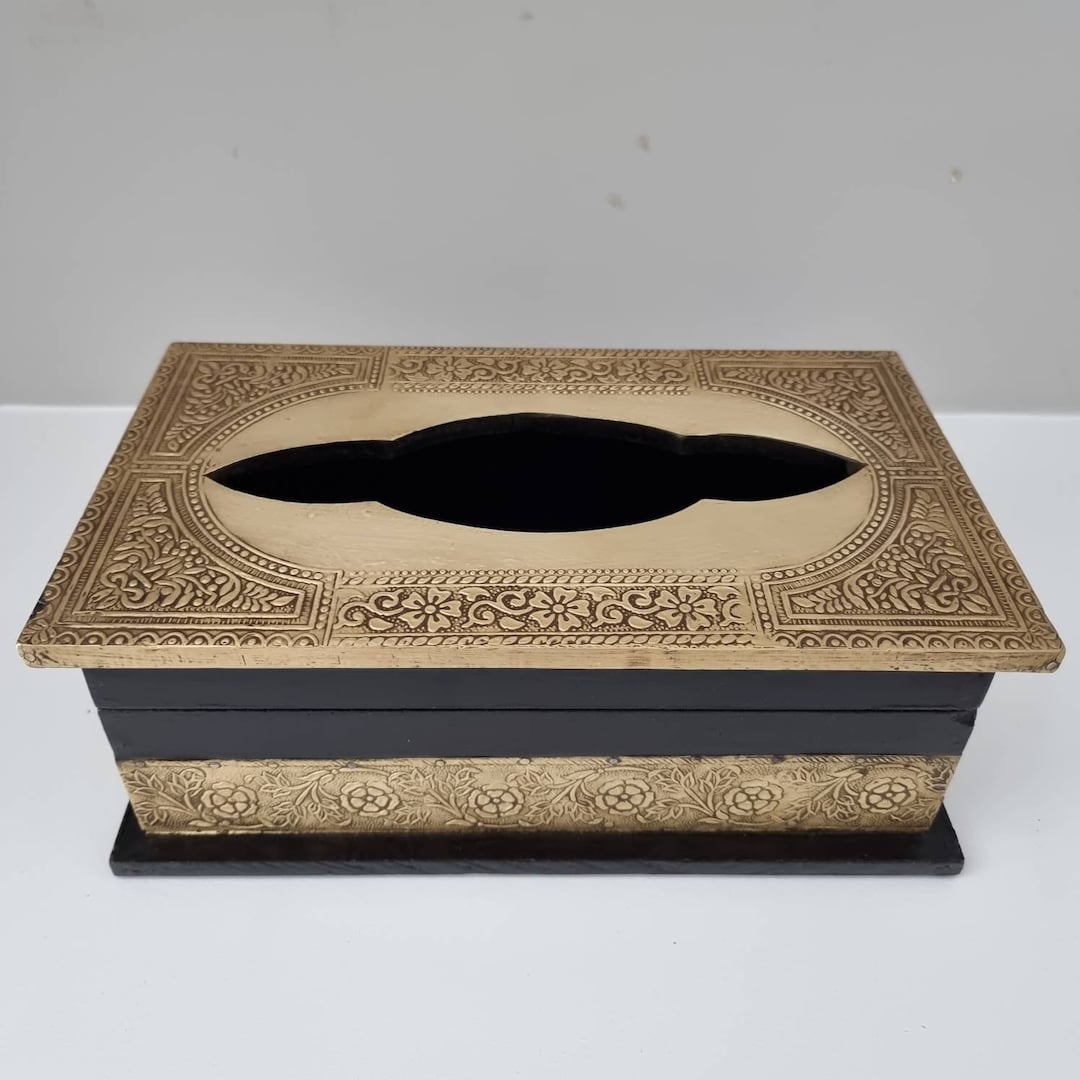 Golden Brass Luxury Tissue Box – Handmade Embossed Cover for ...