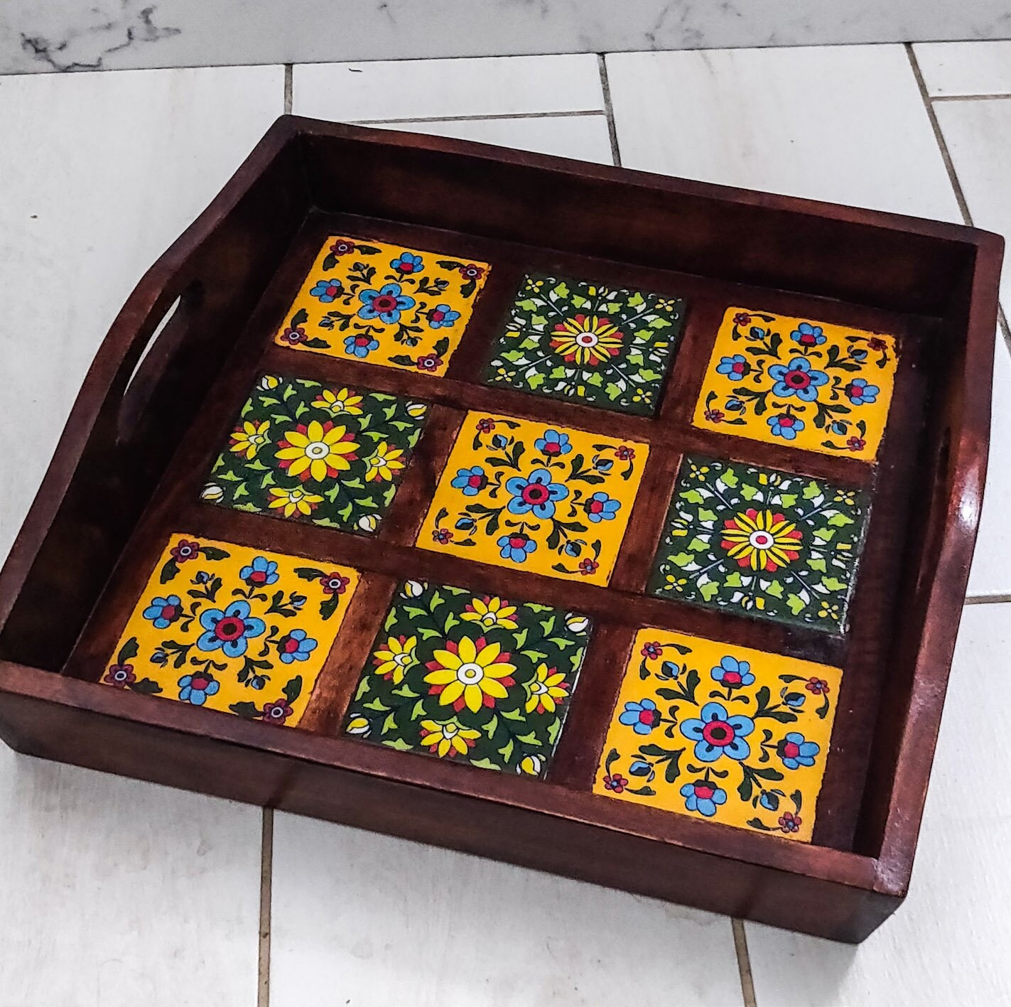 Square Wooden Tray 12in Hand Painted Ceramic Tiles Perfect for - Etsy
