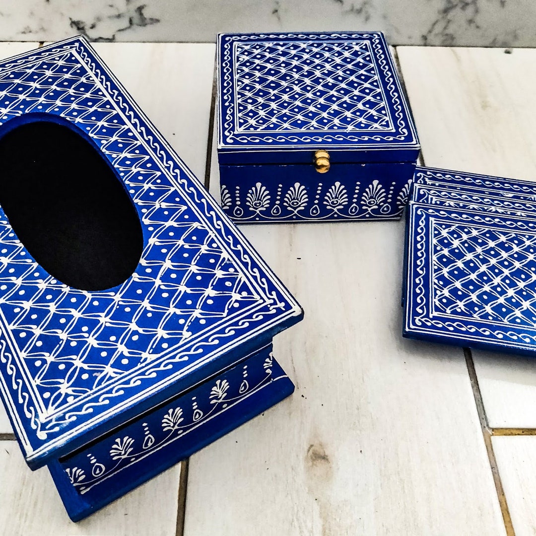 Tissue Box & Coaster Set Royal Blue Matching, Unique Housewarming Gift ...