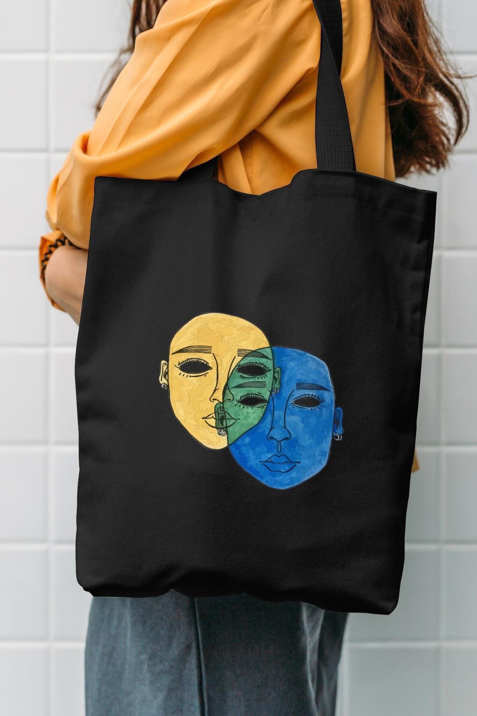 Colored Faces Printed Black Canvas Bag, Office Tote Bag, Tote Bag ...