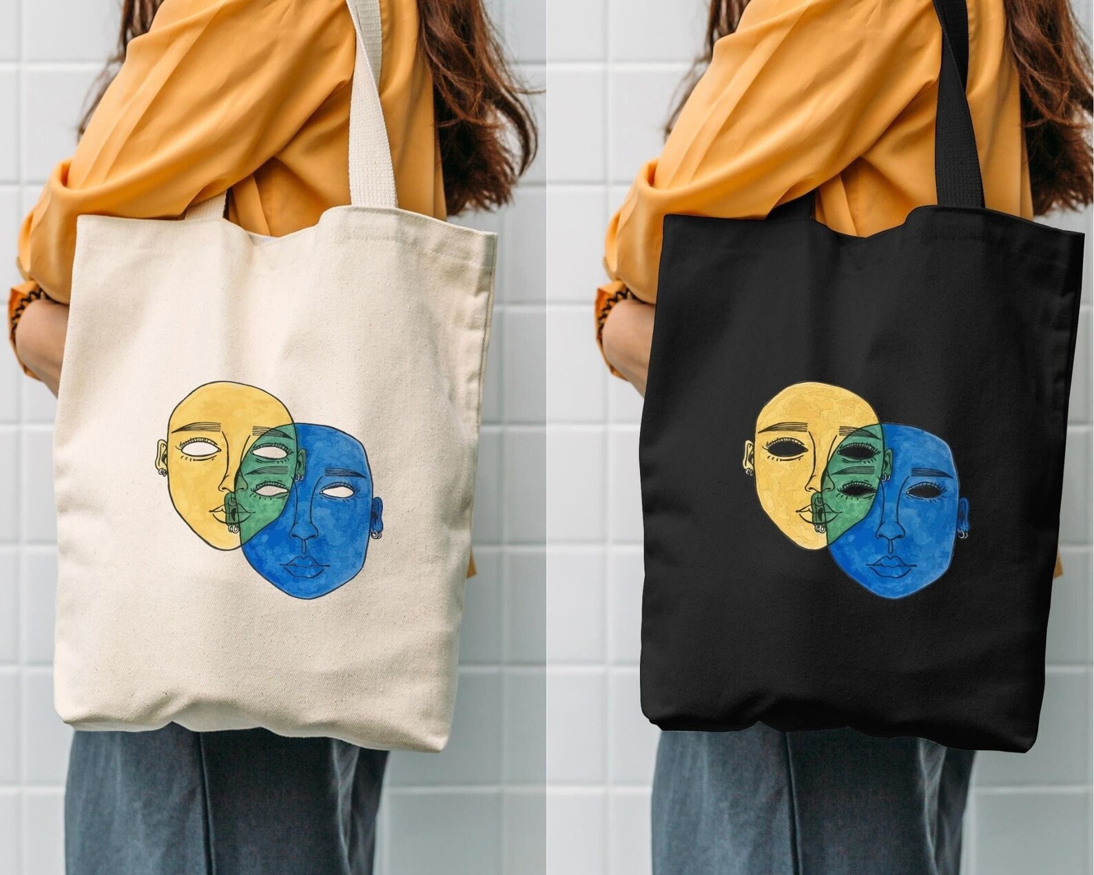 Colored Faces Printed Black Canvas Bag, Office Tote Bag, Tote Bag ...