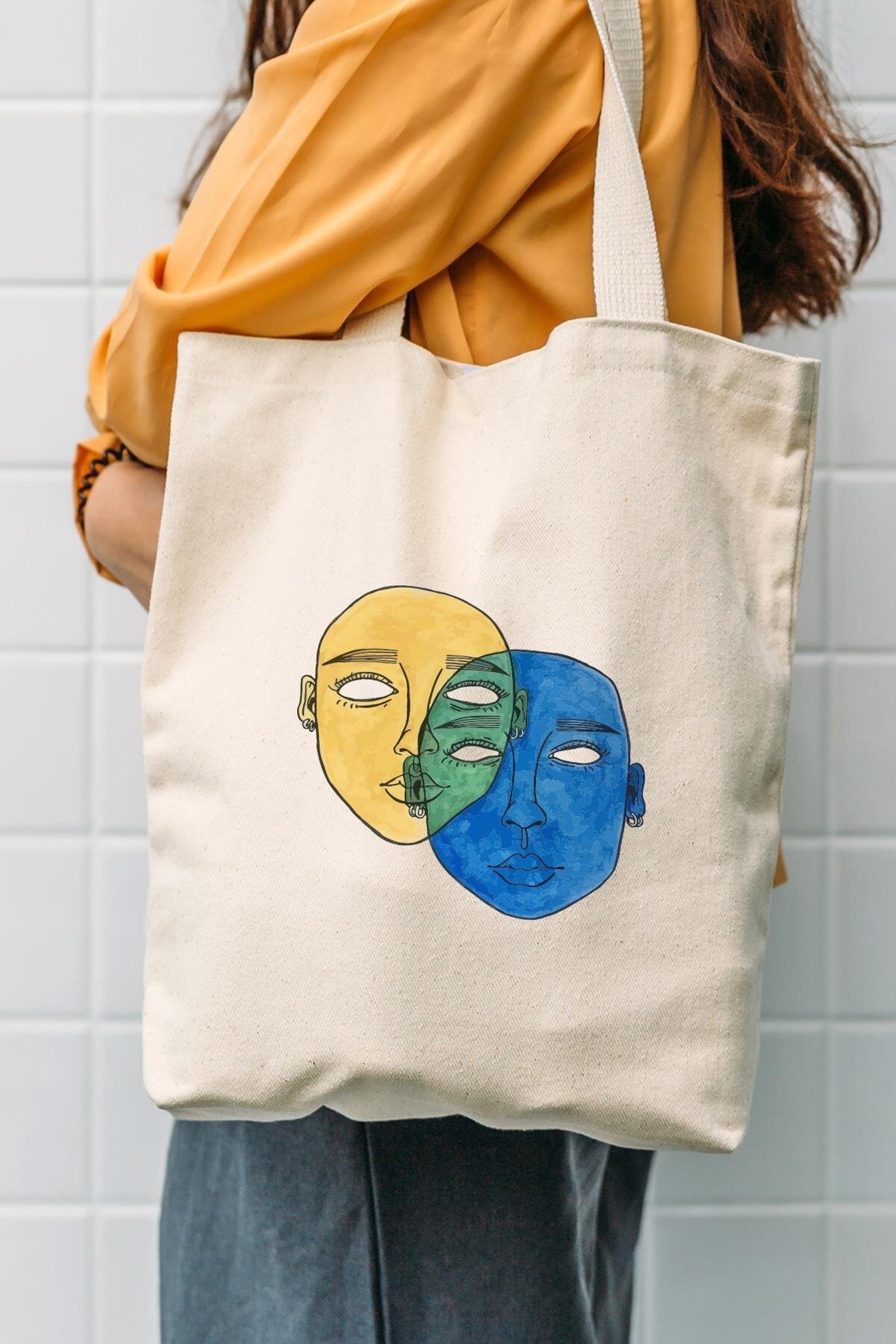 Colored Faces Printed Black Canvas Bag, Office Tote Bag, Tote Bag ...