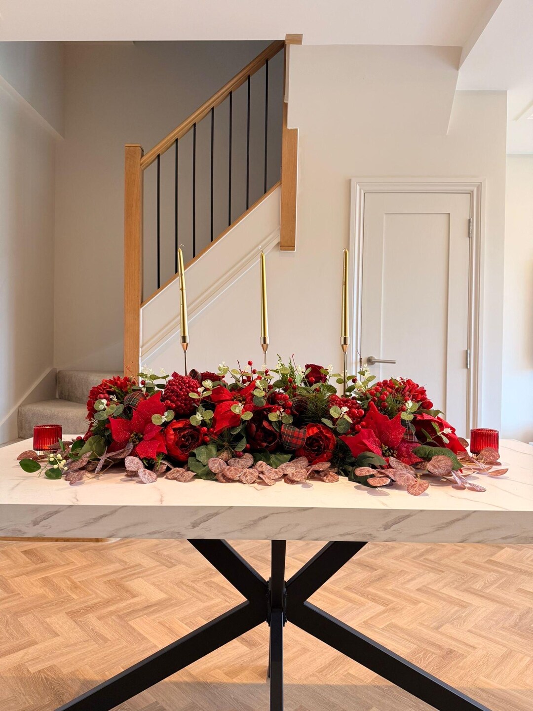 Handmade Christmas Table Runner: Holiday Floral Centerpiece With Gold ...