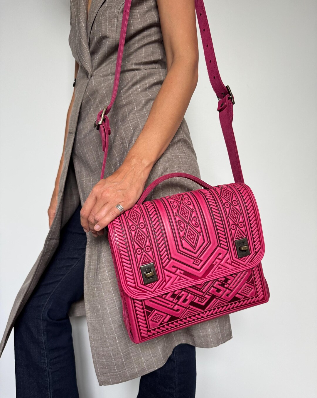 Teacher Tote Bag, Pink Fuchsia Leather Women's Crossbody Bag Briefcase ...