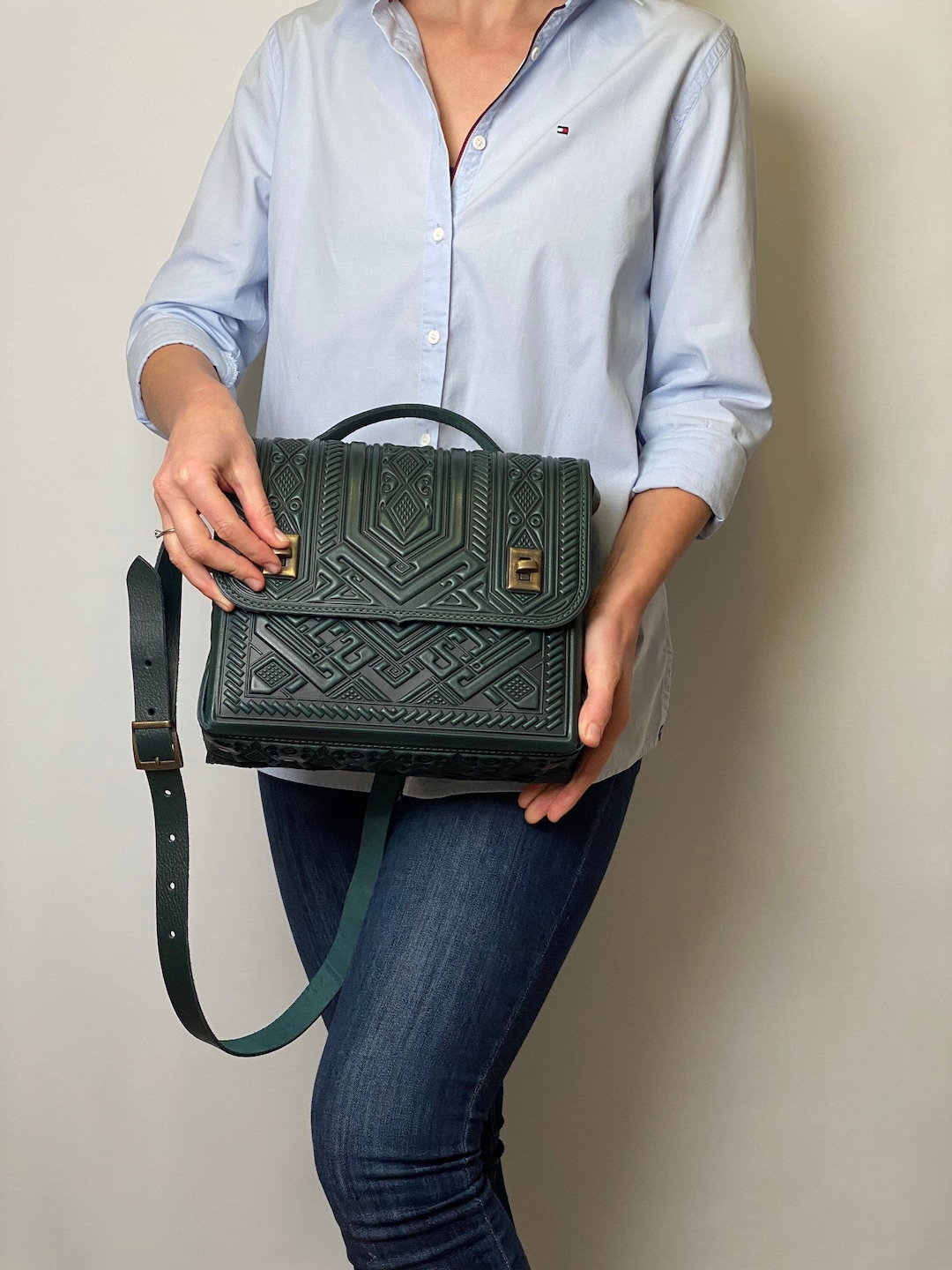Green Crossbody Briefcase Green Leather Purse Women's Leather Attaché ...