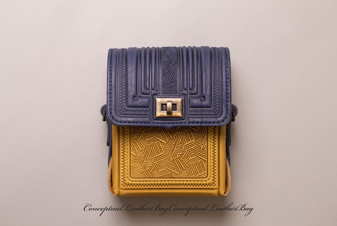 Small Crossbody Purse in Blue Yellow Mustard Gold Leather - Etsy