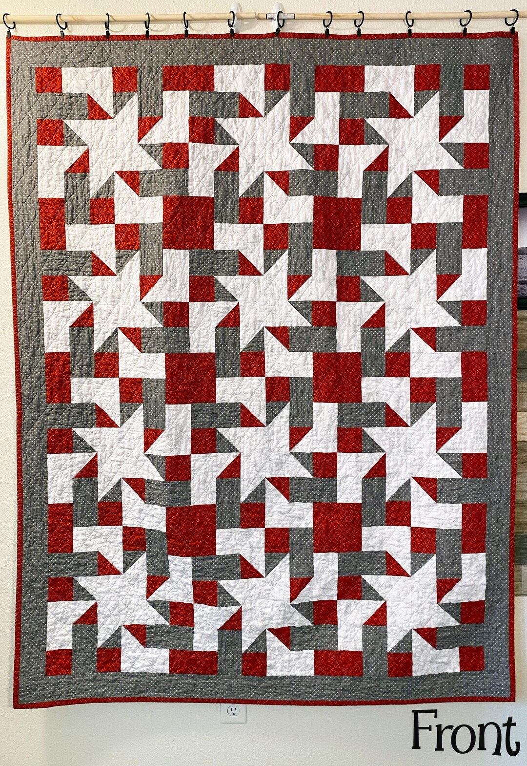 Homemade Quilt | Red, White, Gray Star Pinwheel Quilt | Free Domestic ...