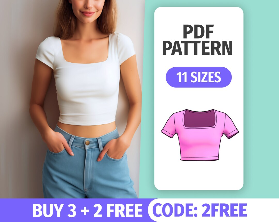 Square Neck Crop Top Sewing Pattern | 11 Sizes | Short Sleeve Cropped ...