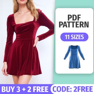 Winter Dress Sewing Pattern Square Neck Long Sleeves Dress for ...