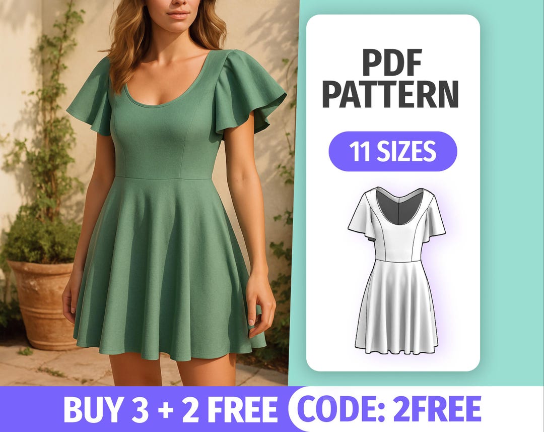 Chiffon Dress Pattern PDF, Summer Dress Pattern With Flared Sleeves ...