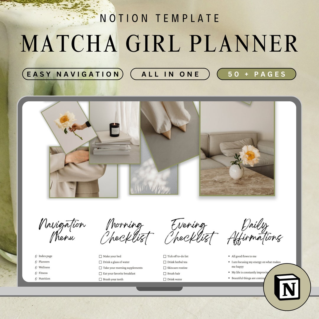 Aesthetic Matcha Planner Notion Template Life Organizer Matcha Green ...