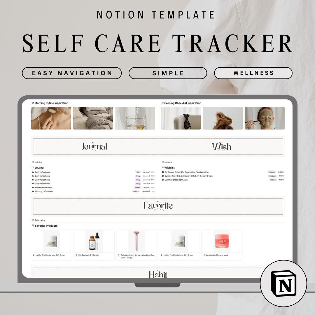 Self Care Notion Tracker Template Wellness Journal for Women Morning ...