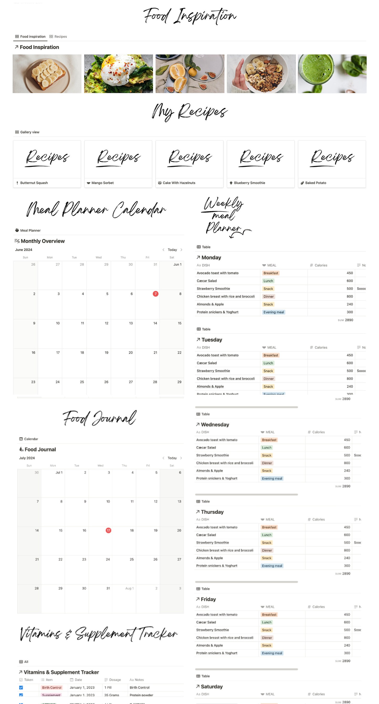 Recipe Book Notion Food Journal Template Meal Planner Calendar Kitchen ...