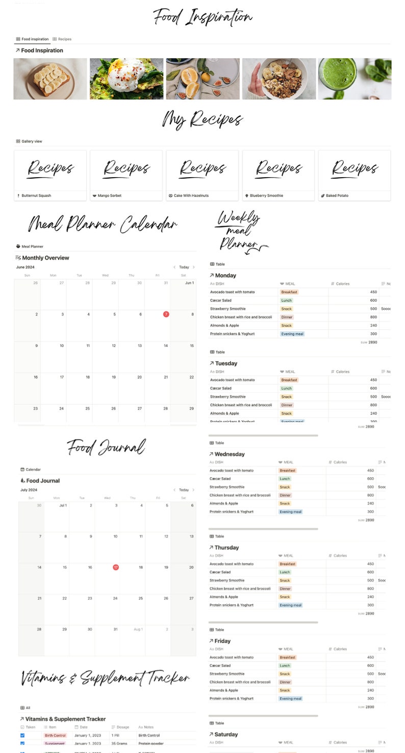 Recipe Book Notion Food Journal Template Meal Planner Calendar Kitchen ...