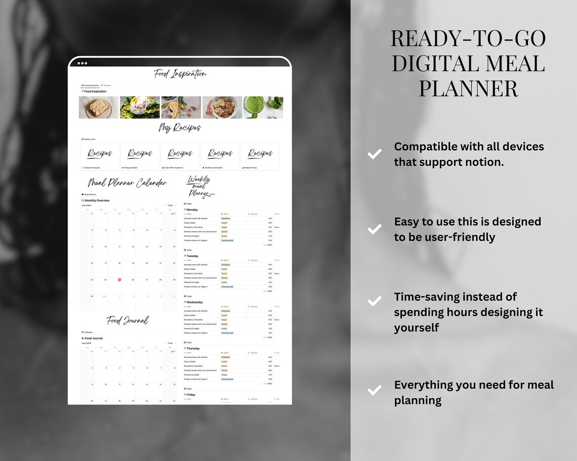 Recipe Book Notion Food Journal Template Meal Planner Calendar Kitchen ...