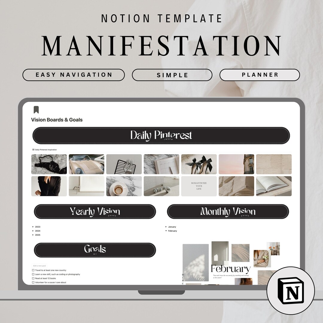 Notion Vision Board Goals Template Manifestation Journal Life Planner ...