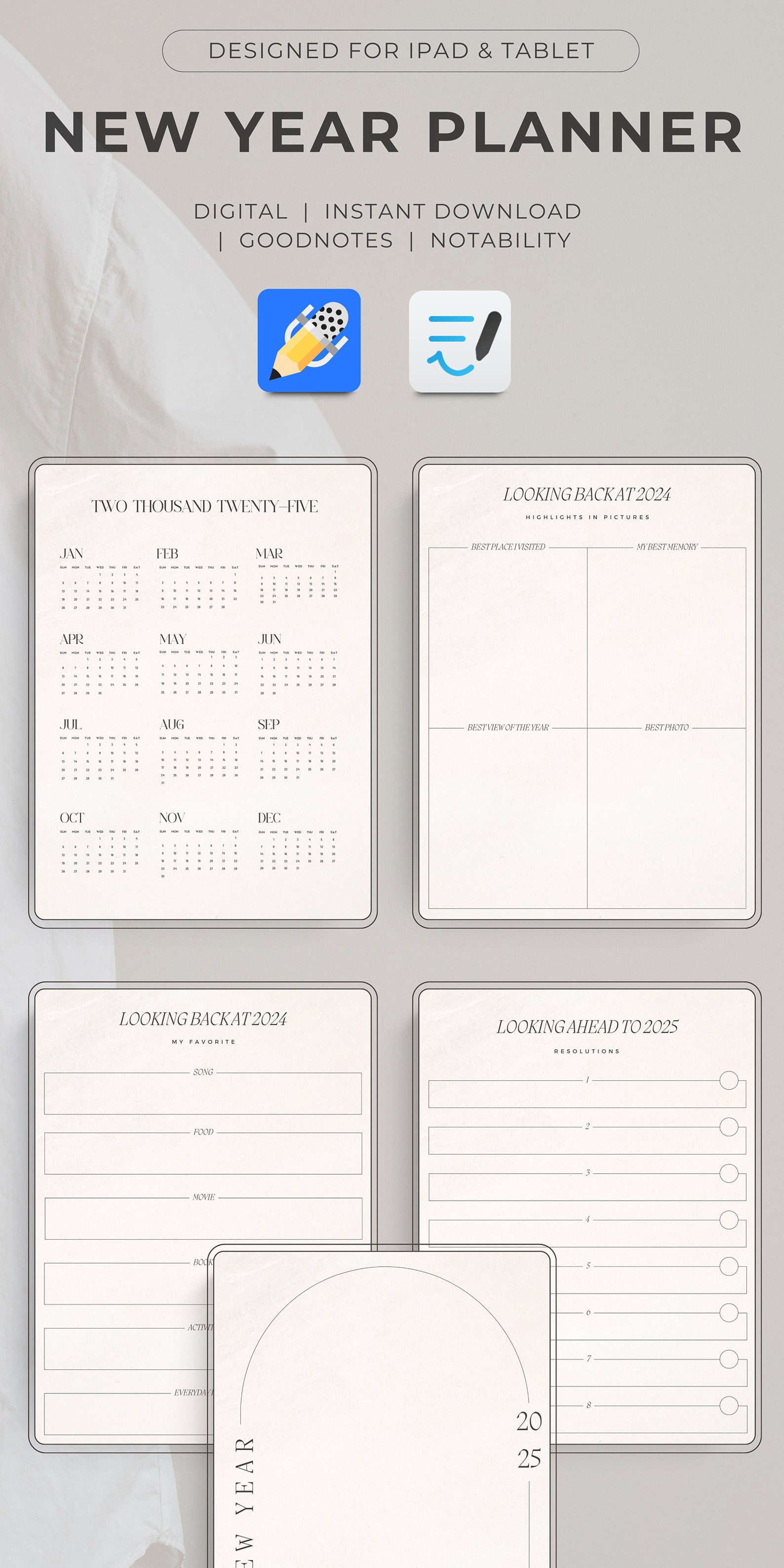 Digital New Year Resolutions Planner With Year in Review and ...