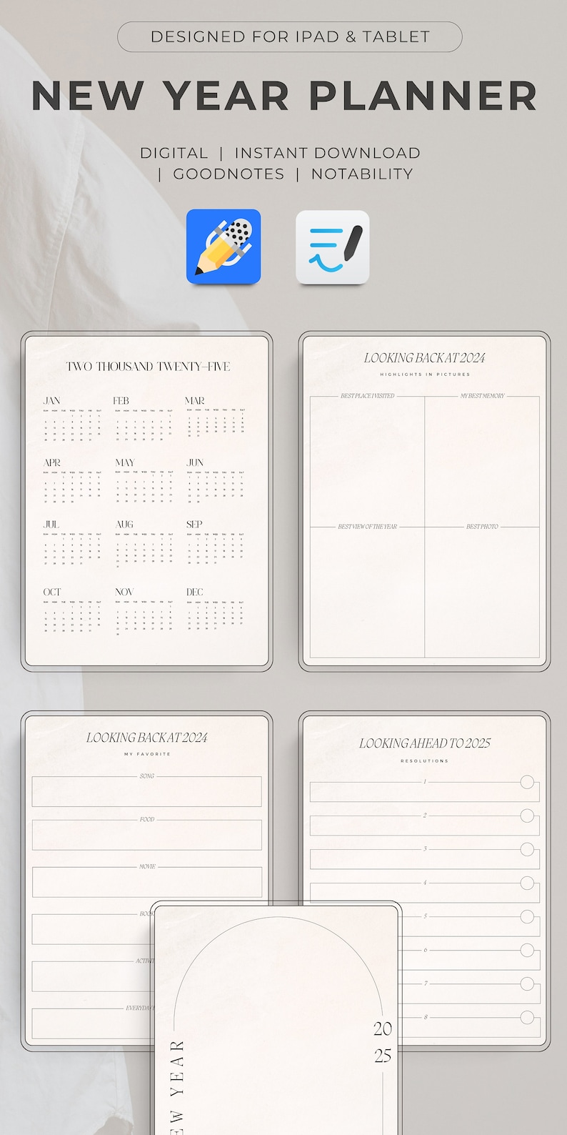 Digital New Year Resolutions Planner With Year in Review and ...