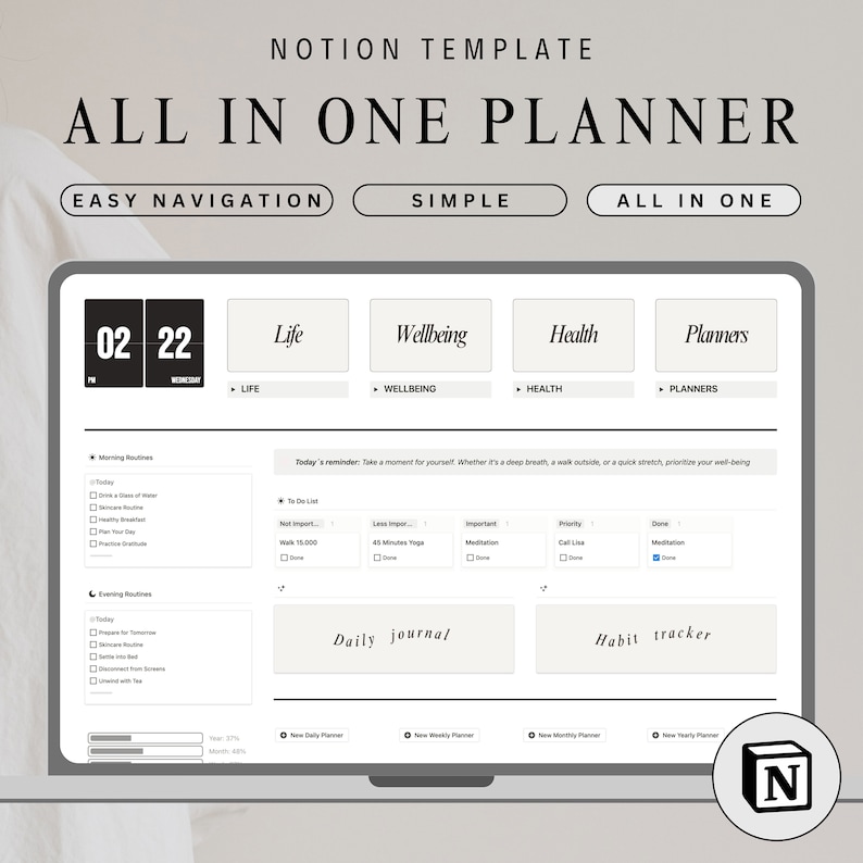 Notion Template With Beige Notion Cover Aesthetic Notion Pages for Beginners Life Planner for ...