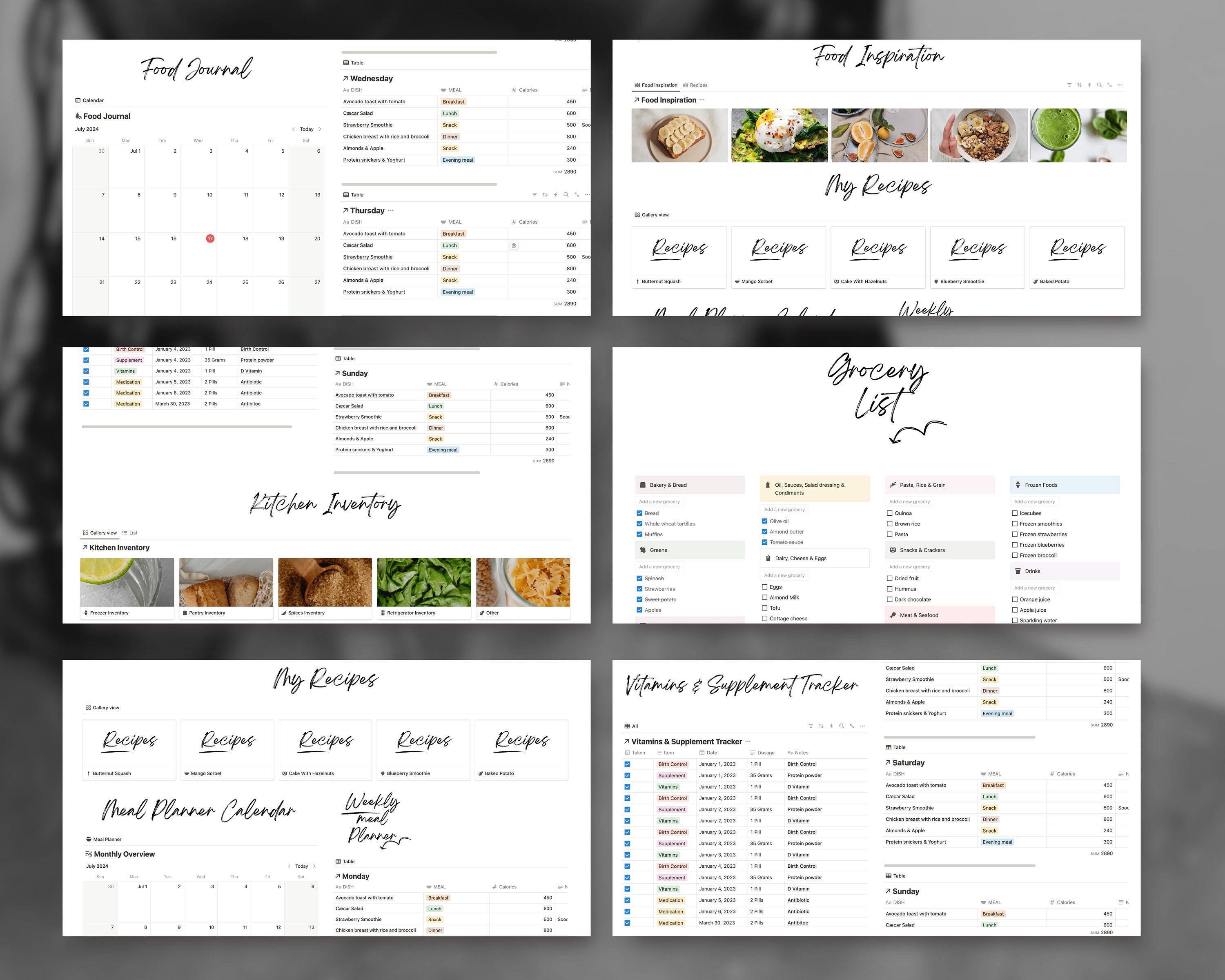 Recipe Book Notion Food Journal Template Meal Planner Calendar Kitchen ...