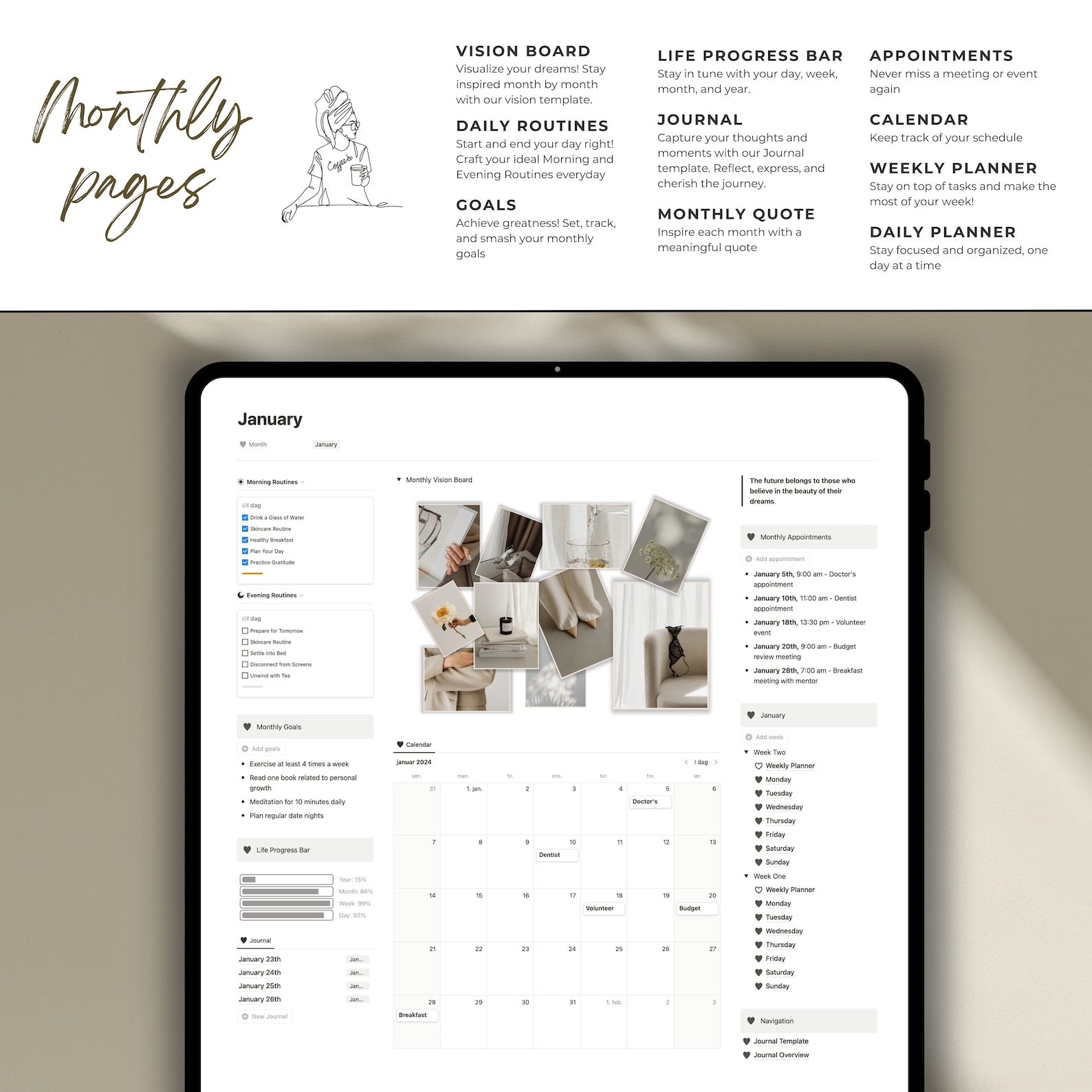 Notion Daily Journal Template Aesthetic Digital Planner Dated Yearly ...