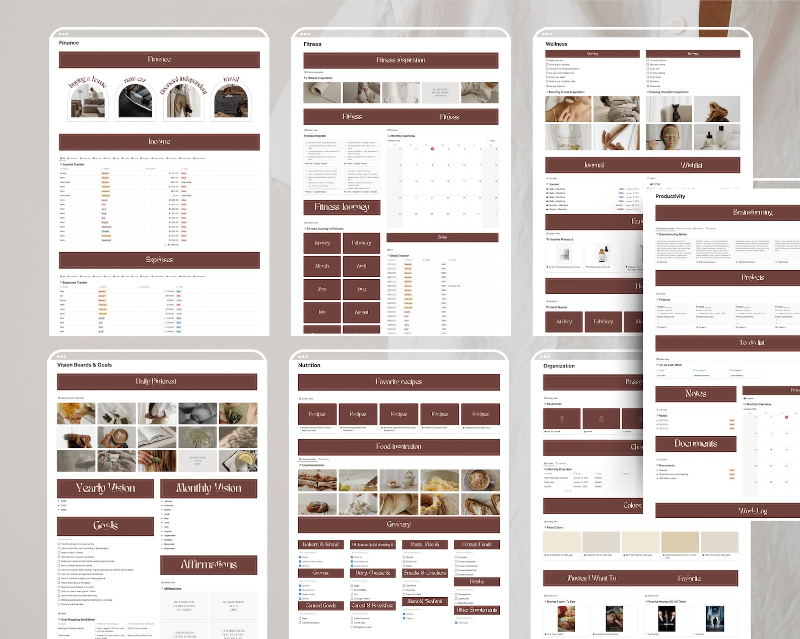 Brown Aesthetic Notion Planner Template for Life Organization Daily ...